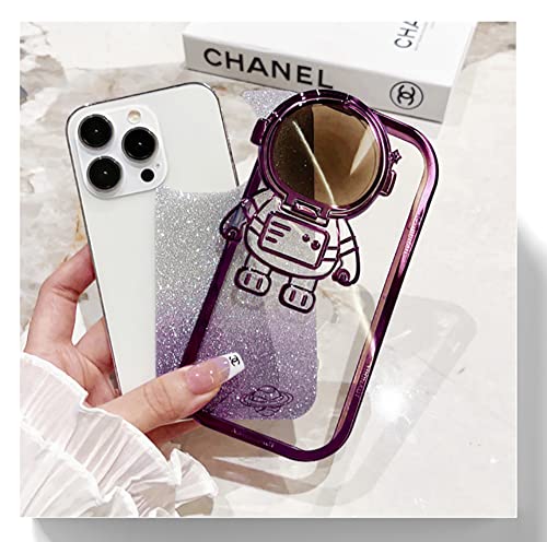 QoKcoahn Astronaut Hidden Stand Phone Case for iPhone 14 Pro Max,Cute Astronaut Lens Camera Protector Kickstand Luxury Glitter Bling 6D Electroplated Clear Soft TPU Protector for Men Women Purple