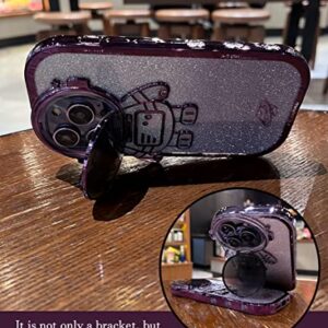 QoKcoahn Astronaut Hidden Stand Phone Case for iPhone 14 Pro Max,Cute Astronaut Lens Camera Protector Kickstand Luxury Glitter Bling 6D Electroplated Clear Soft TPU Protector for Men Women Purple