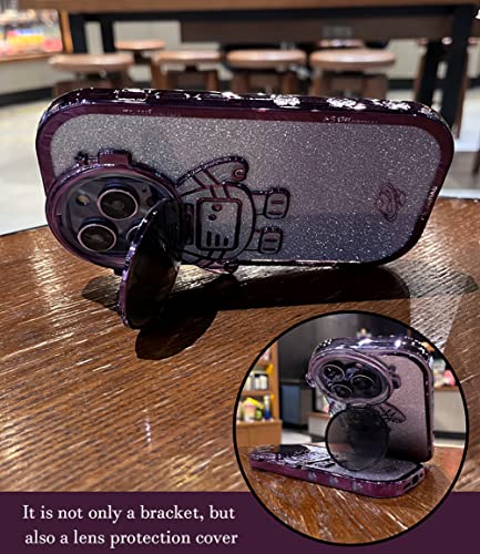 QoKcoahn Astronaut Hidden Stand Phone Case for iPhone 14 Pro Max,Cute Astronaut Lens Camera Protector Kickstand Luxury Glitter Bling 6D Electroplated Clear Soft TPU Protector for Men Women Purple