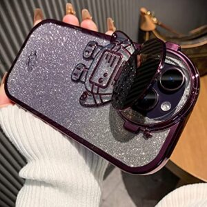 QoKcoahn Astronaut Hidden Stand Phone Case for iPhone 14 Pro Max,Cute Astronaut Lens Camera Protector Kickstand Luxury Glitter Bling 6D Electroplated Clear Soft TPU Protector for Men Women Purple