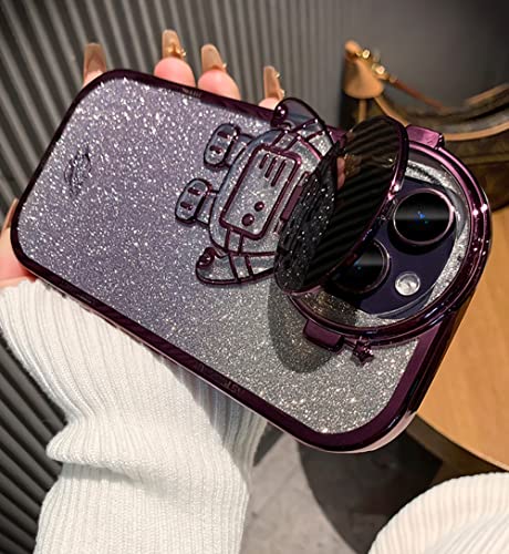 QoKcoahn Astronaut Hidden Stand Phone Case for iPhone 14 Pro Max,Cute Astronaut Lens Camera Protector Kickstand Luxury Glitter Bling 6D Electroplated Clear Soft TPU Protector for Men Women Purple