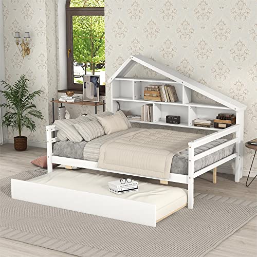 Woanke Full Size Daybed with Trundle and Shelves, Solid Wood Platform Bed Frame, House Bed for Kids Teens Girls Boys, No Box Spring Needed, White