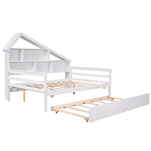 Woanke Full Size Daybed with Trundle and Shelves, Solid Wood Platform Bed Frame, House Bed for Kids Teens Girls Boys, No Box Spring Needed, White