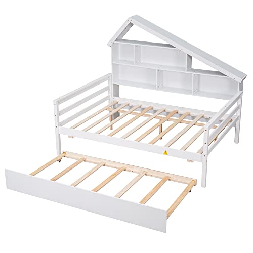 Woanke Full Size Daybed with Trundle and Shelves, Solid Wood Platform Bed Frame, House Bed for Kids Teens Girls Boys, No Box Spring Needed, White