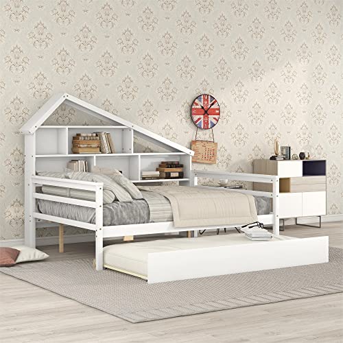 Woanke Full Size Daybed with Trundle and Shelves, Solid Wood Platform Bed Frame, House Bed for Kids Teens Girls Boys, No Box Spring Needed, White