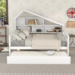 Woanke Full Size Daybed with Trundle and Shelves, Solid Wood Platform Bed Frame, House Bed for Kids Teens Girls Boys, No Box Spring Needed, White