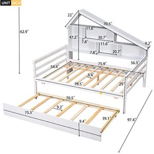 Woanke Full Size Daybed with Trundle and Shelves, Solid Wood Platform Bed Frame, House Bed for Kids Teens Girls Boys, No Box Spring Needed, White