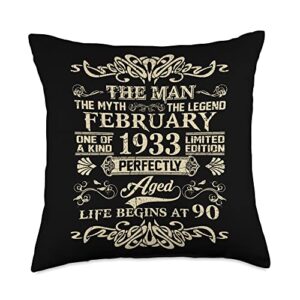 90th birthday gift vintage february 1933 90th birthday the man myth legend february 1933 throw pillow, 18x18, multicolor