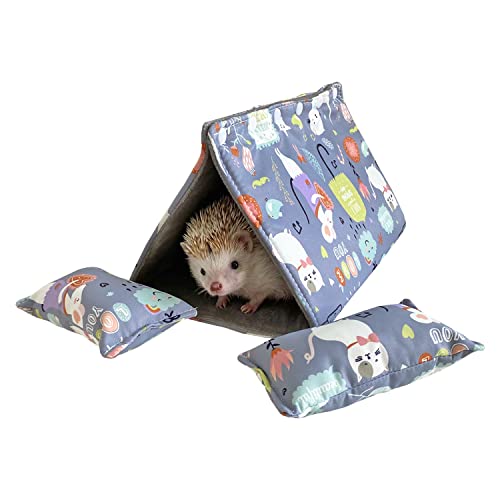 Handmade Multi-Function Flannel Small Animal Tunnel Sleeping Hideout Cave Nest with Pillows for Hedgehog Guinea Pig Rat Ferret Sugar Glider Squirrel Small Animal Beds (Grey)