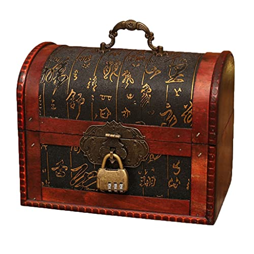 LDCHNH Portable Wood Distressed Treasure Chest Metal Password Storage Case Prop