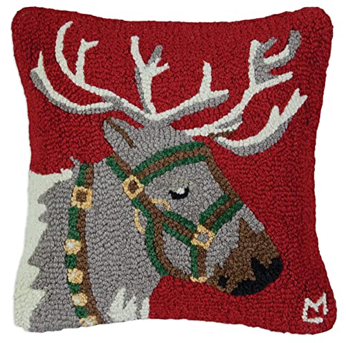 Chandler 4 Corners Artist-Designed Reindeer Hand-Hooked Wool Decorative Throw Pillow (18” x 18”) Christmas Pillow for Couches & Beds - Easy Care & Low Maintenance - Winter & Holiday Home Décor