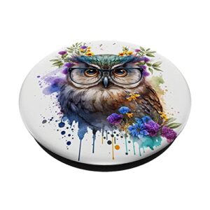 Cute Floral Owl In Glasses Watercolor Splash PopSockets Swappable PopGrip