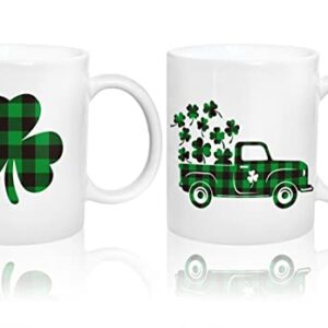 Whaline 2Pcs St Patrick's Day Mug Set 12oz Buffalo Plaid Shamrock Truck Coffee Mug Irish Ceramic Matching Mugs Party Cups for Home School Office Table Centerpieces Housewarming Gift