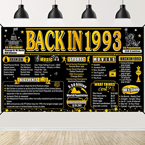 Large 30th Birthday Decorations Back in 1993 Banner Backdrop for Men Women, Black Gold Happy 30 Birthday Sign Party Supplies, Thirty Years Birthday Poster Photo Background Decor for Indoor Outdoor