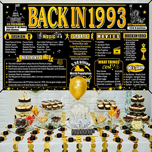 Large 30th Birthday Decorations Back in 1993 Banner Backdrop for Men Women, Black Gold Happy 30 Birthday Sign Party Supplies, Thirty Years Birthday Poster Photo Background Decor for Indoor Outdoor