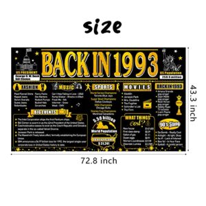 Large 30th Birthday Decorations Back in 1993 Banner Backdrop for Men Women, Black Gold Happy 30 Birthday Sign Party Supplies, Thirty Years Birthday Poster Photo Background Decor for Indoor Outdoor