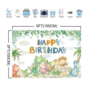 GiuMsi Polyester 5X3ft Little Cute Dinosaur Safari Jungle Backdrop for Baby Kids Happy Birthday Party Decorations Photography Background Banner Photo Props