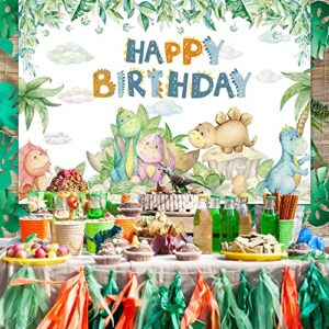 GiuMsi Polyester 5X3ft Little Cute Dinosaur Safari Jungle Backdrop for Baby Kids Happy Birthday Party Decorations Photography Background Banner Photo Props