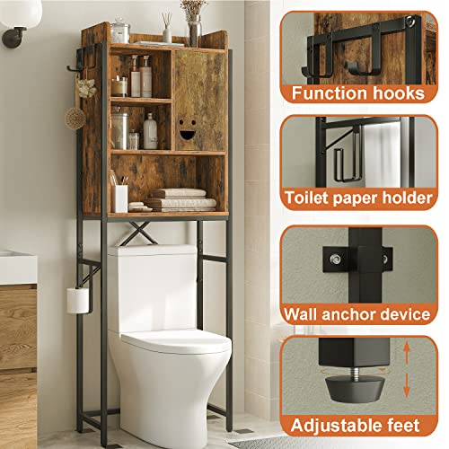 MASHOOPS Over The Toilet Storage Cabinet, Bathroom Organizer Over Toilet, Multifunctional Freestanding Space Saver Cabinets with Adjustable Shelf Paper Hook with Smiling-Door, Rustic Brown