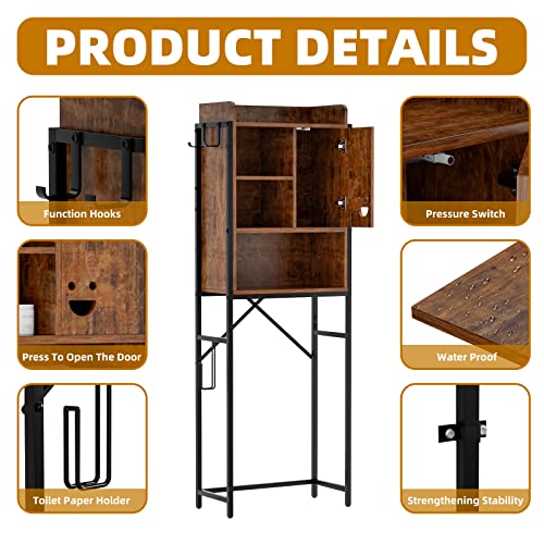 MASHOOPS Over The Toilet Storage Cabinet, Bathroom Organizer Over Toilet, Multifunctional Freestanding Space Saver Cabinets with Adjustable Shelf Paper Hook with Smiling-Door, Rustic Brown