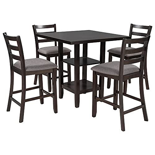 ERDAYE 5-Piece Wooden Counter Height Dining Table 4 Padded Chairs and Storage Shelving for Home Apartment Kitchen & Dining Room Breakfast Lunch Dinner Furniture Set, Espresso