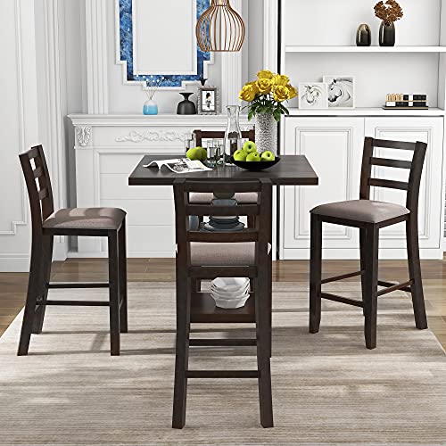 ERDAYE 5-Piece Wooden Counter Height Dining Table 4 Padded Chairs and Storage Shelving for Home Apartment Kitchen & Dining Room Breakfast Lunch Dinner Furniture Set, Espresso