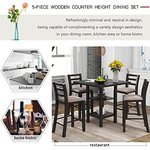 ERDAYE 5-Piece Wooden Counter Height Dining Table 4 Padded Chairs and Storage Shelving for Home Apartment Kitchen & Dining Room Breakfast Lunch Dinner Furniture Set, Espresso