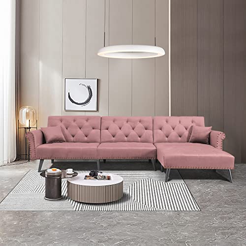 KoiHome Sectional Sofa Right Hand Facing Velvet Button Tufted, L Shape Chaise with Nail Head Detail, Conical Wood Leg, 2 Pillows, Modern & Elegant, Home Furniture for Living Room,Office, Pink