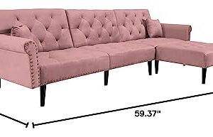 KoiHome Sectional Sofa Right Hand Facing Velvet Button Tufted, L Shape Chaise with Nail Head Detail, Conical Wood Leg, 2 Pillows, Modern & Elegant, Home Furniture for Living Room,Office, Pink