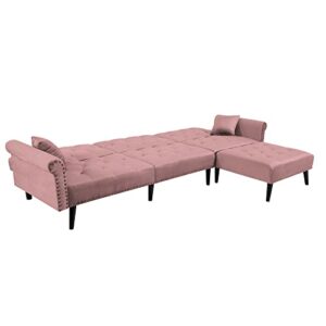 KoiHome Sectional Sofa Right Hand Facing Velvet Button Tufted, L Shape Chaise with Nail Head Detail, Conical Wood Leg, 2 Pillows, Modern & Elegant, Home Furniture for Living Room,Office, Pink