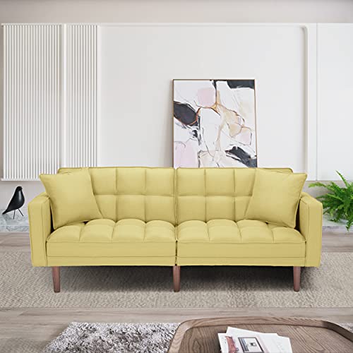 KoiHome Futon Sleeper Sofa Adjustable Back and Two Pillows, Modern Chaise with Conical Solid Wood Legs, Contemporary Home Furniture for Living, Bedroom,Office,Waiting Room, Polyester, Yellow