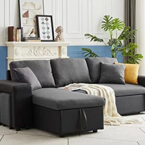 ARINAL 92.5" Linen Reversible Sleeper Sectional Sofa with Storage and 2 stools Steel Gray