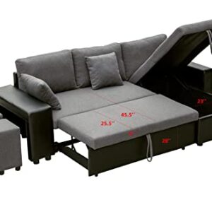 ARINAL 92.5" Linen Reversible Sleeper Sectional Sofa with Storage and 2 stools Steel Gray