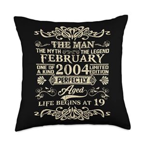 19th birthday gift vintage february 2004 19th birthday the man myth legend february 2004 throw pillow, 18x18, multicolor