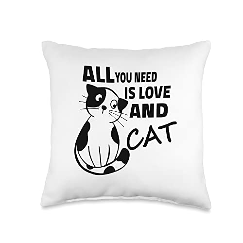 Pinchy Clarke - Apparel - Clothing All you Need is Love and Cat Throw Pillow, 16x16, Multicolor