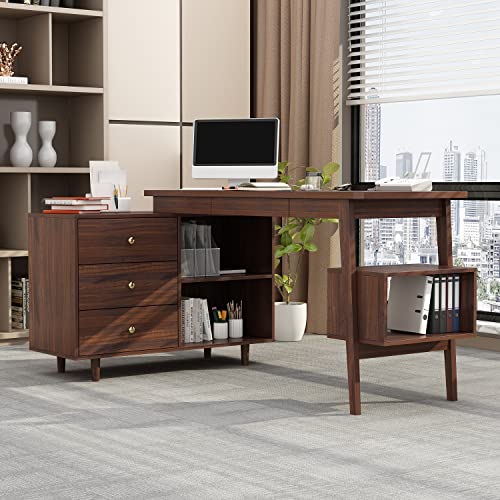 Homsee Home Office Executive Desk, Computer Desk Corner Desk with 3 Drawers, 3 Open Shelves & Keyboard Tray, 55 Inch Large L-Shaped Study Writing Table with Storage Cabinet, Deep Brown