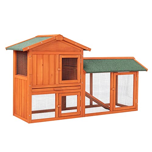 56''L Chicken Coop Rabbit Hutch, Indoor Outdoor Large Wooden Bunny Rabbit Hutch Hen Cage with Ventilation Door, Removable Tray & Ramp for Small to Medium Animals