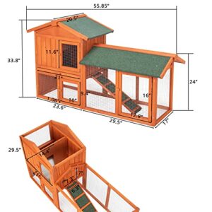 56''L Chicken Coop Rabbit Hutch, Indoor Outdoor Large Wooden Bunny Rabbit Hutch Hen Cage with Ventilation Door, Removable Tray & Ramp for Small to Medium Animals