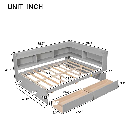 JIVOIT Full Size Captain Platform Bed with L-Shaped Bookcases and Two Storage Drawers, Solid Wood Platform Bed Frame with Wood Slats Support for Kids Teens Adults