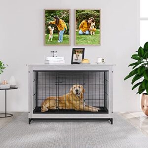 Arlopu 44.1/38.6/29.1 Large Dog Crate Furniture, Side End Table, Mordern Kennel, Wooden Heavy-Duty Dog Cage, Dog House, Indoor End Table, Night Stand,w/Removable Tray, Double-Door, 3mm(Dia) Wire