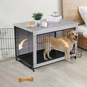 Arlopu 44.1/38.6/29.1 Large Dog Crate Furniture, Side End Table, Mordern Kennel, Wooden Heavy-Duty Dog Cage, Dog House, Indoor End Table, Night Stand,w/Removable Tray, Double-Door, 3mm(Dia) Wire