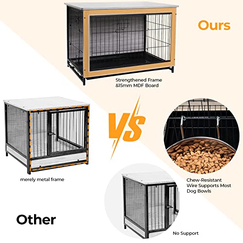 Arlopu 44.1/38.6/29.1 Large Dog Crate Furniture, Side End Table, Mordern Kennel, Wooden Heavy-Duty Dog Cage, Dog House, Indoor End Table, Night Stand,w/Removable Tray, Double-Door, 3mm(Dia) Wire