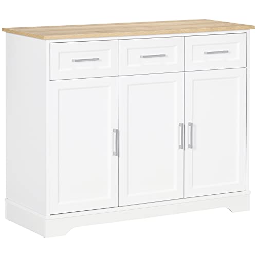 HOMCOM Sideboard Buffet Cabinet with 3 Storage Drawers, Kitchen Cabinet Coffee Bar Cabinet with Adjustable Shelf for Living Room, White