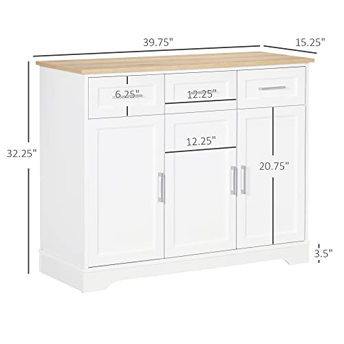 HOMCOM Sideboard Buffet Cabinet with 3 Storage Drawers, Kitchen Cabinet Coffee Bar Cabinet with Adjustable Shelf for Living Room, White