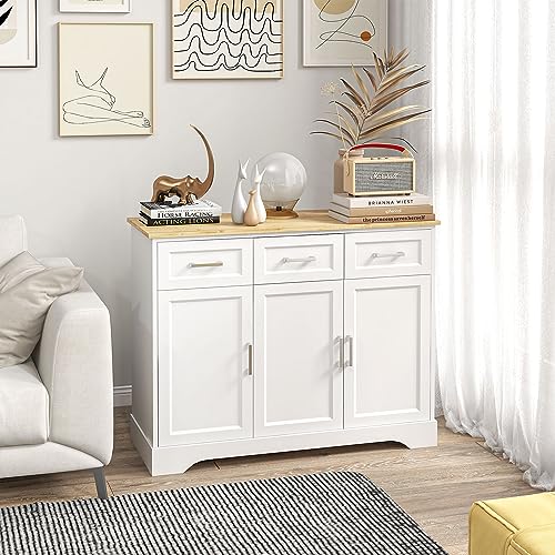 HOMCOM Sideboard Buffet Cabinet with 3 Storage Drawers, Kitchen Cabinet Coffee Bar Cabinet with Adjustable Shelf for Living Room, White