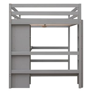 Harper & Bright Designs Full Size Loft Bed with Desk and Storage Shelves, Solid Wood Full Loft Bed Frame with Sturdy Slats for Kids Teens Adults, Easy to Assemble (Full, Gray), Grey