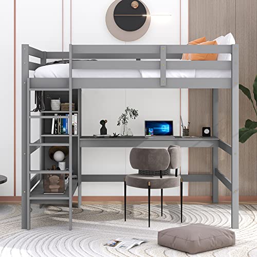 Harper & Bright Designs Full Size Loft Bed with Desk and Storage Shelves, Solid Wood Full Loft Bed Frame with Sturdy Slats for Kids Teens Adults, Easy to Assemble (Full, Gray), Grey