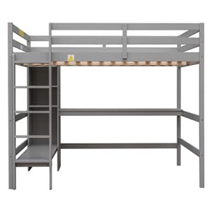 Harper & Bright Designs Full Size Loft Bed with Desk and Storage Shelves, Solid Wood Full Loft Bed Frame with Sturdy Slats for Kids Teens Adults, Easy to Assemble (Full, Gray), Grey