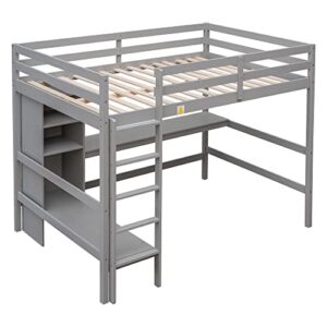 Harper & Bright Designs Full Size Loft Bed with Desk and Storage Shelves, Solid Wood Full Loft Bed Frame with Sturdy Slats for Kids Teens Adults, Easy to Assemble (Full, Gray), Grey