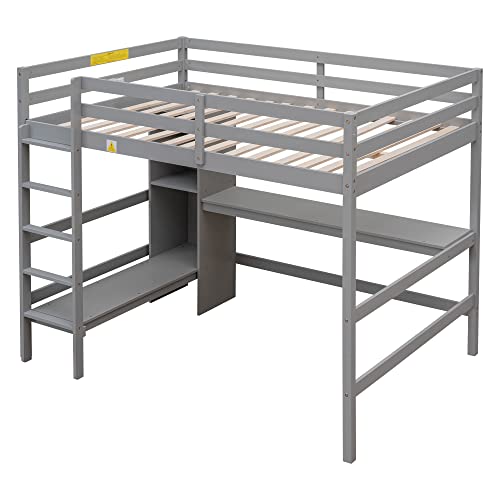 Harper & Bright Designs Full Size Loft Bed with Desk and Storage Shelves, Solid Wood Full Loft Bed Frame with Sturdy Slats for Kids Teens Adults, Easy to Assemble (Full, Gray), Grey